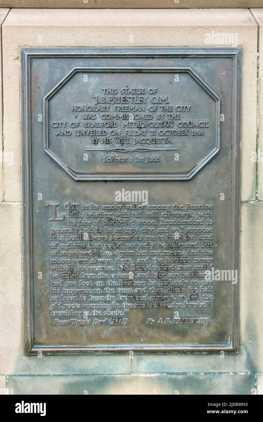 Plaque under a statue of JB Priestley (by Ian Judd), in Bradford, West ...