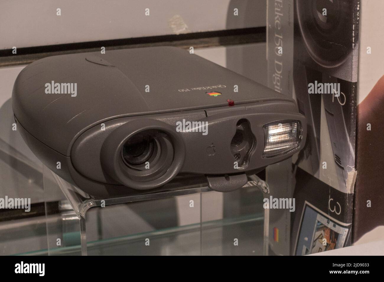 An Apple Quicktake 150 (c1995) digital camera on display in a media ...