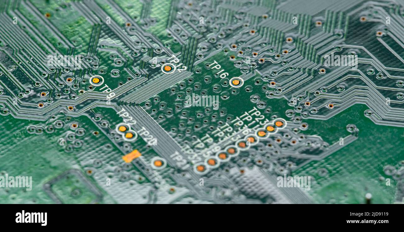 Macro Close up of printed wiring on PC circuit board of modem router ...
