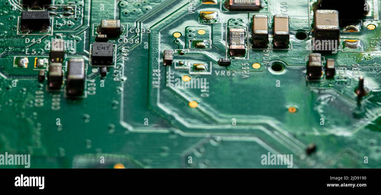 Macro Close up of printed wiring on PC circuit board of modem router ...