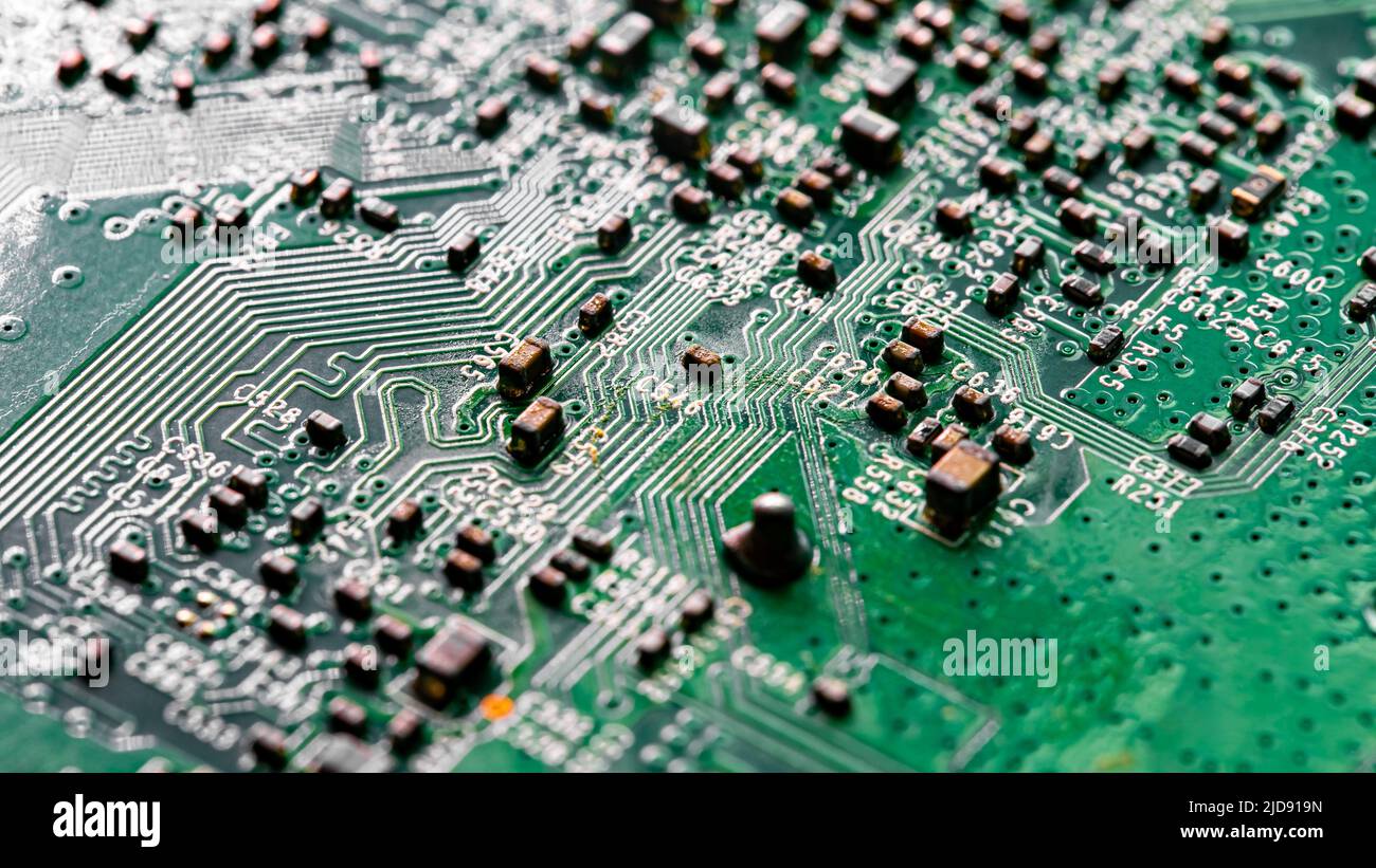 Macro Close up of printed wiring on PC circuit board of modem router ... Macro Close up of printed wiring on PC circuit board of modem router ...