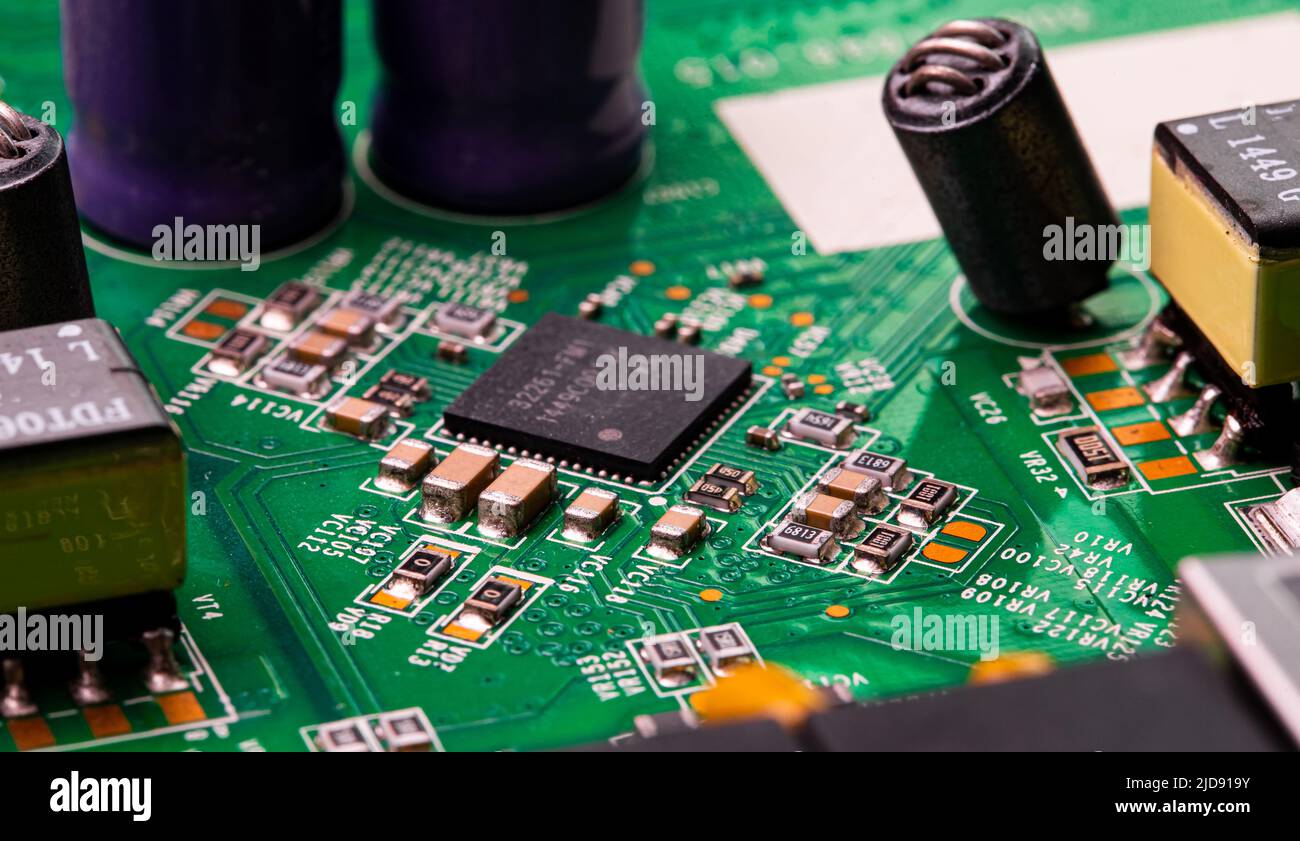 Macro Close up of components and microchips on PC circuit board of ...