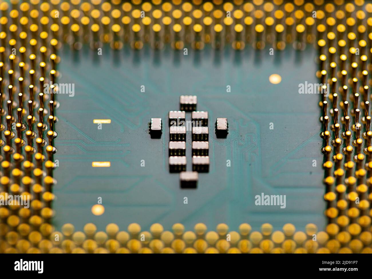 Macro Close up of microchips and pins on Main CPU PC processor circuit ...