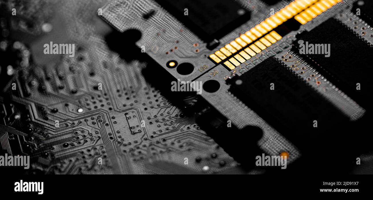 Macro Close up of computer RAM chip; random access memory chip slot for ...