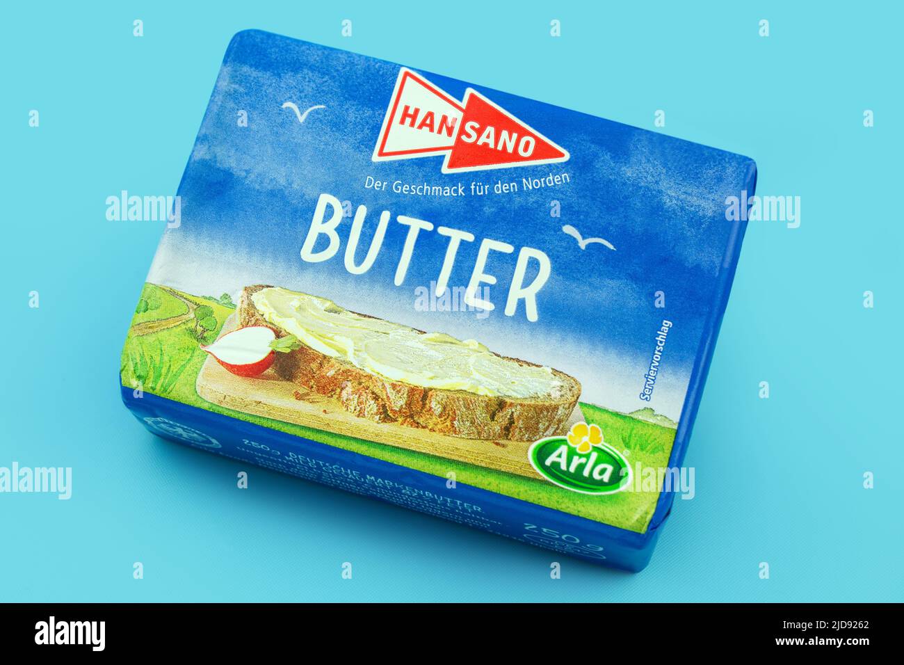 Hamburg, Germany - June 17 2022: German Butter Hansano Arla on blue ...