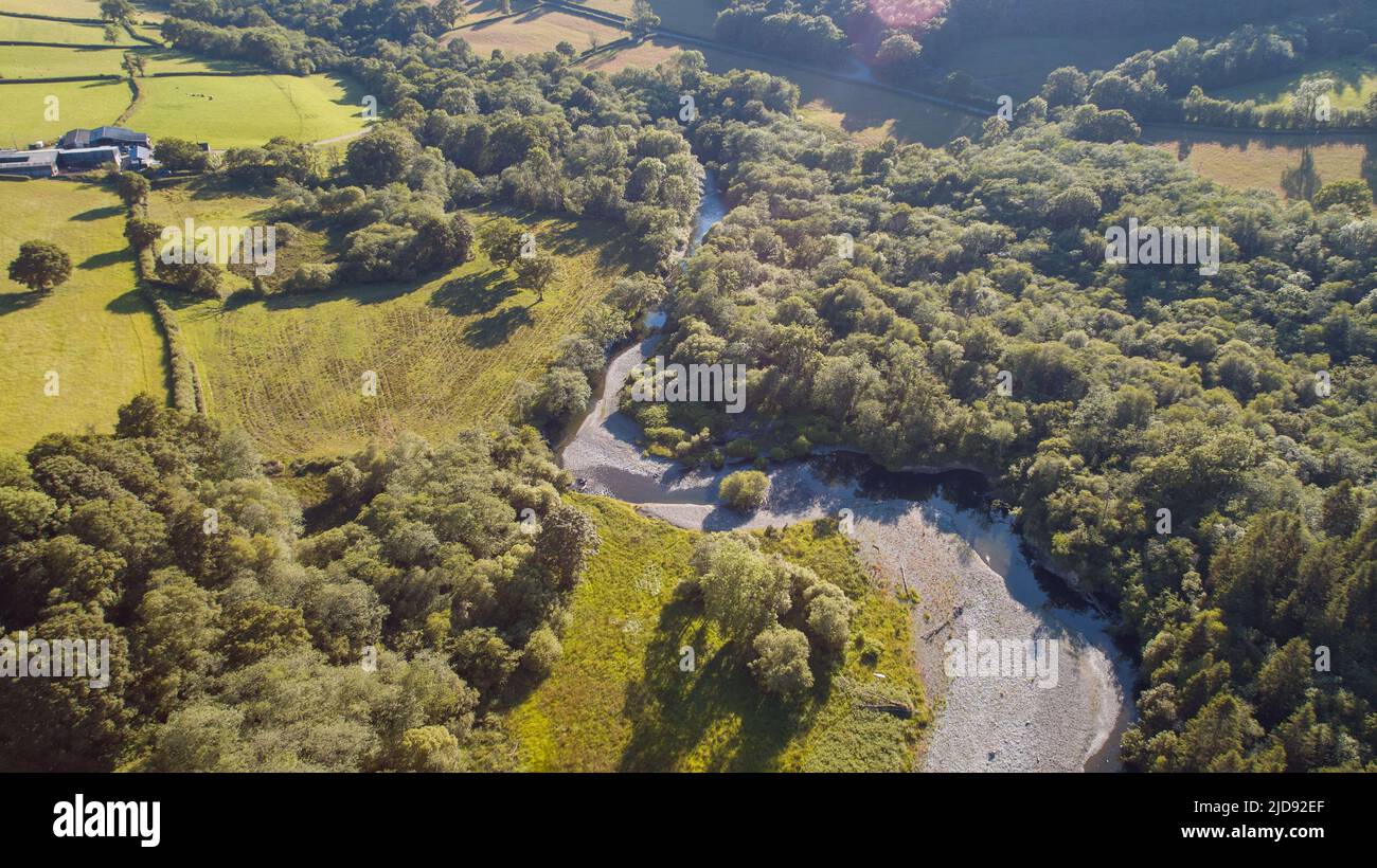 Aerial view of the River Cothi near Brechfa showing gravel banks ...