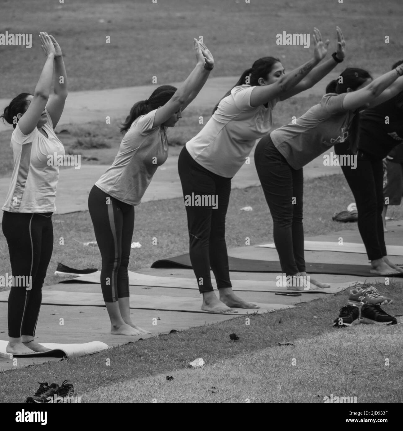 New Delhi, India, June 18 2022 – Group Yoga exercise class for people ...
