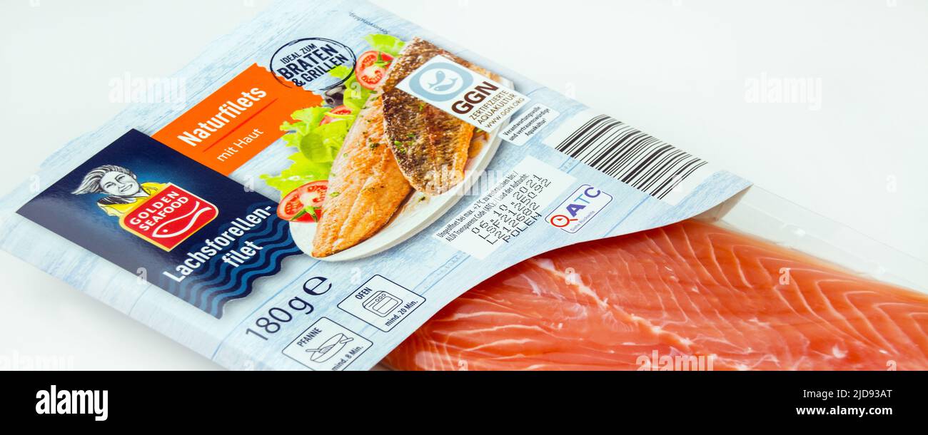 Hamburg, Germany - June 8 2022: Salmon Trouts Golden Seafood and label ...