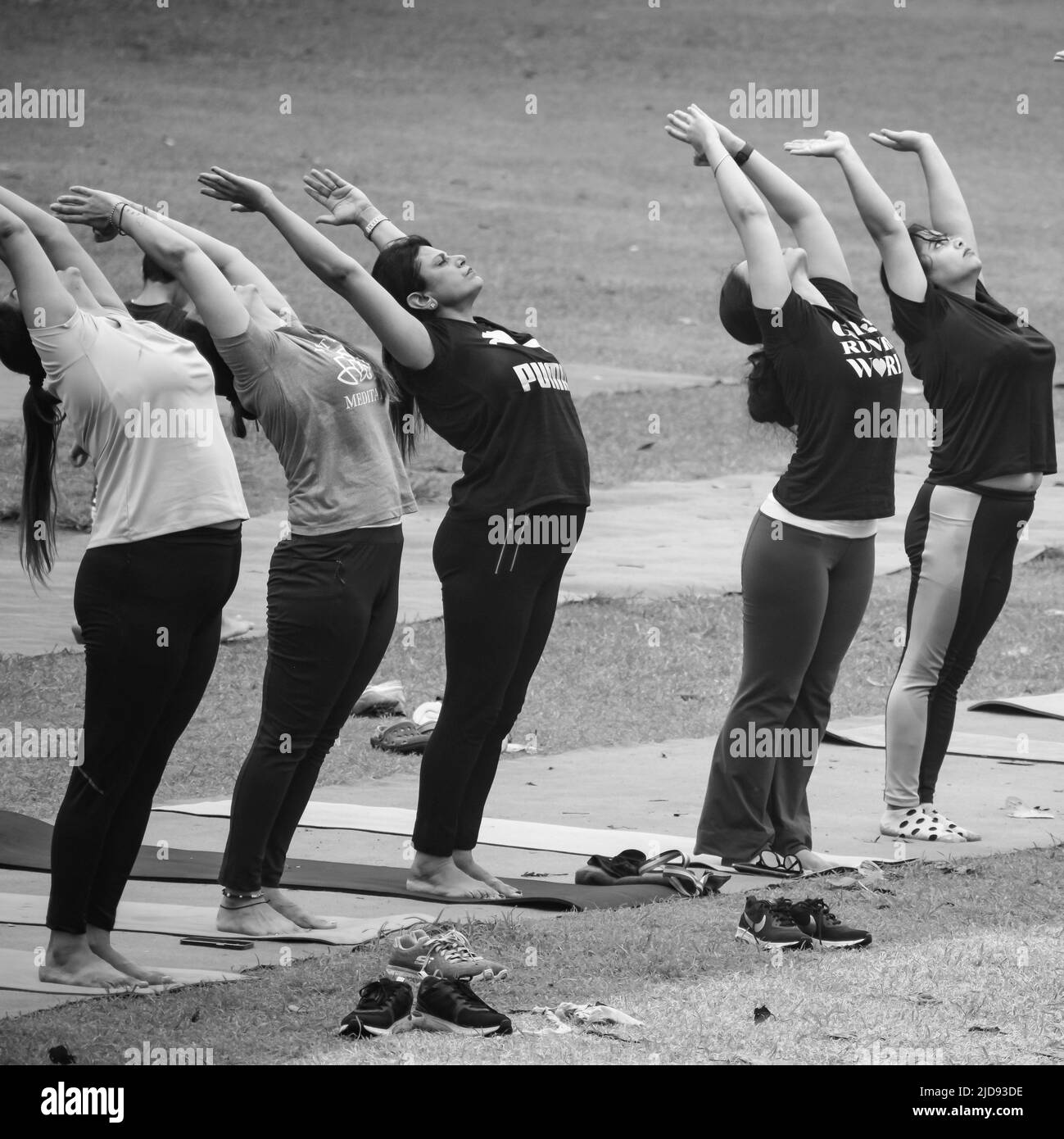 New Delhi, India, June 18 2022 – Group Yoga exercise class for people ...