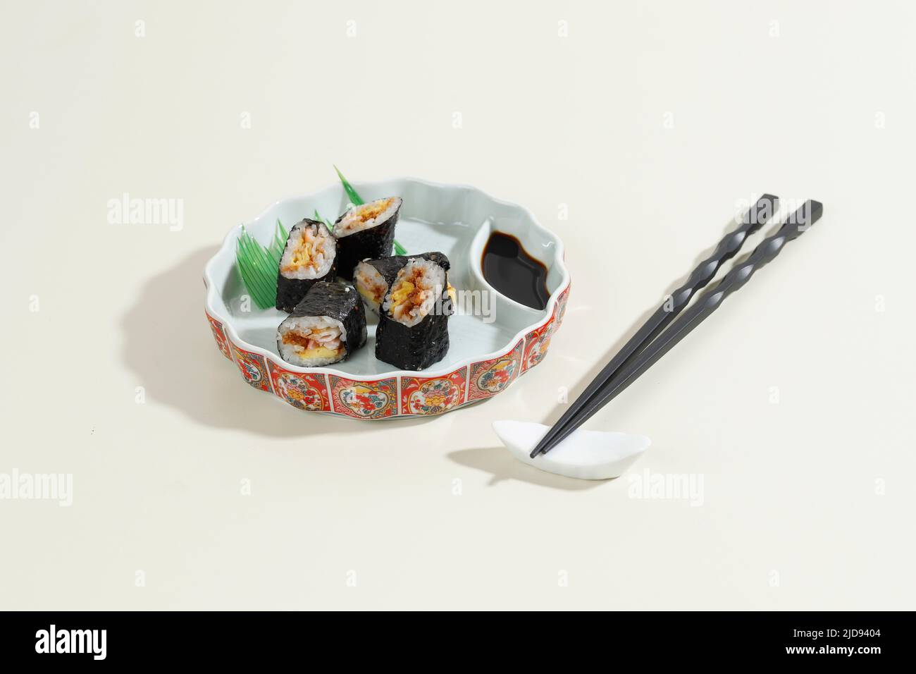 Japanese Food Mini Maki Sushi Platter on Cream Table Served with Wasabi ...