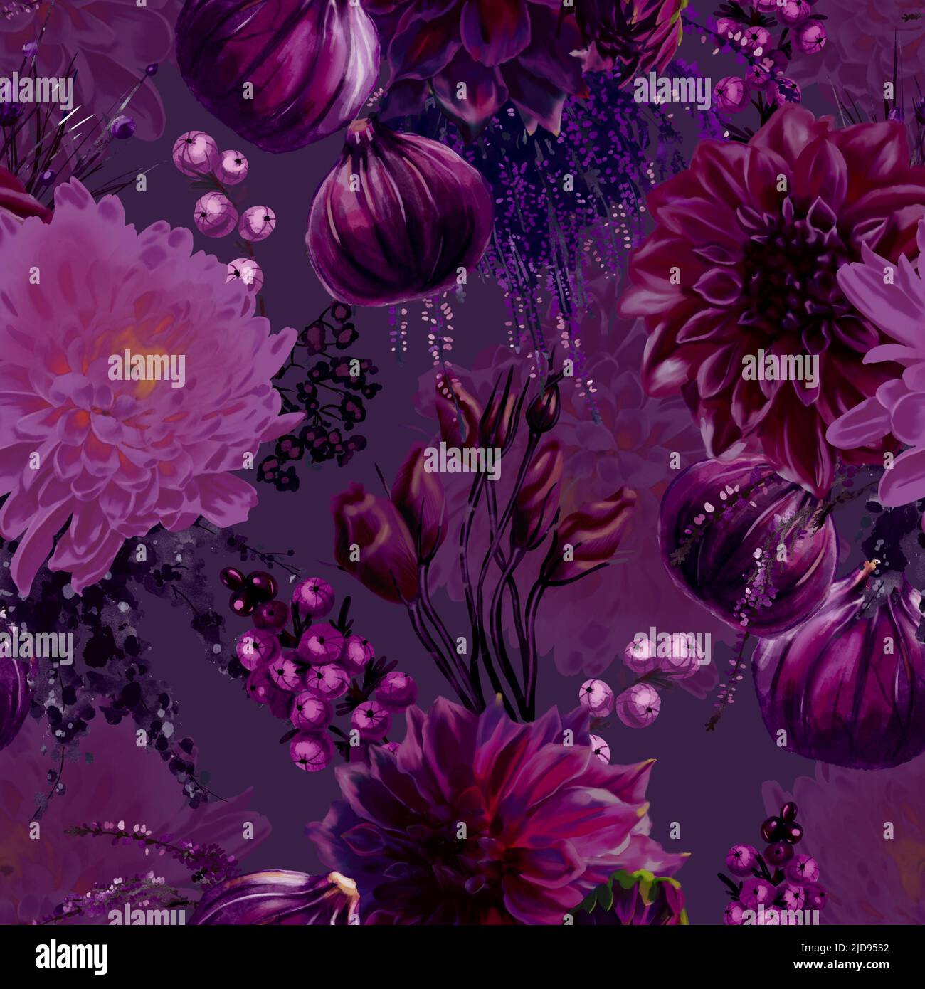 Purple seamless pattern. Purple flowers, berries and figs Stock Photo ...