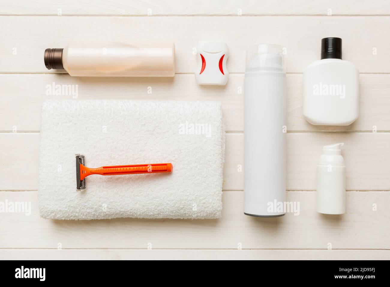 Mockup for bathing products top view flat lay, spa razor, toothpaste ...