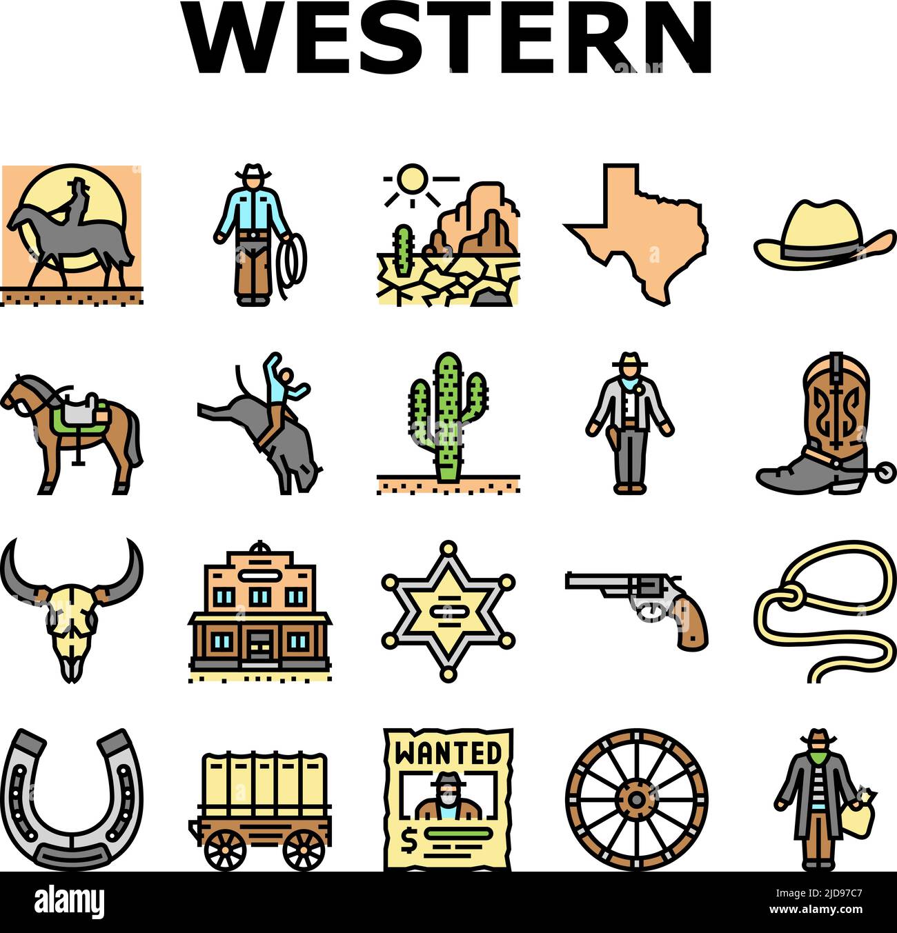 Western Cowboy And Sheriff Man Icons Set Vector Stock Vector Image ...