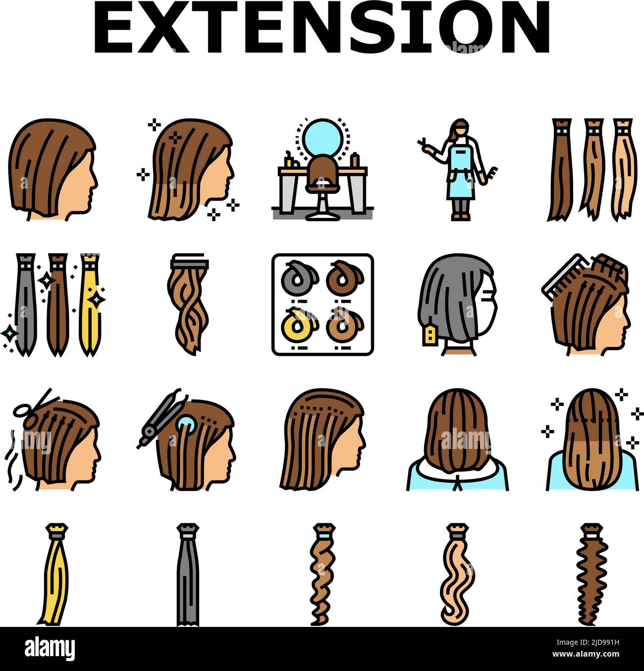 Hair Extension Salon Procedure Icons Set Vector Stock Vector Image ...
