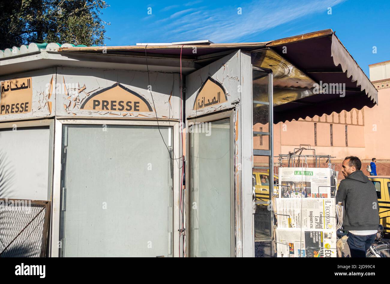 Moroccan press paper newspapers kiosk with French newspapers. Marrakech ...