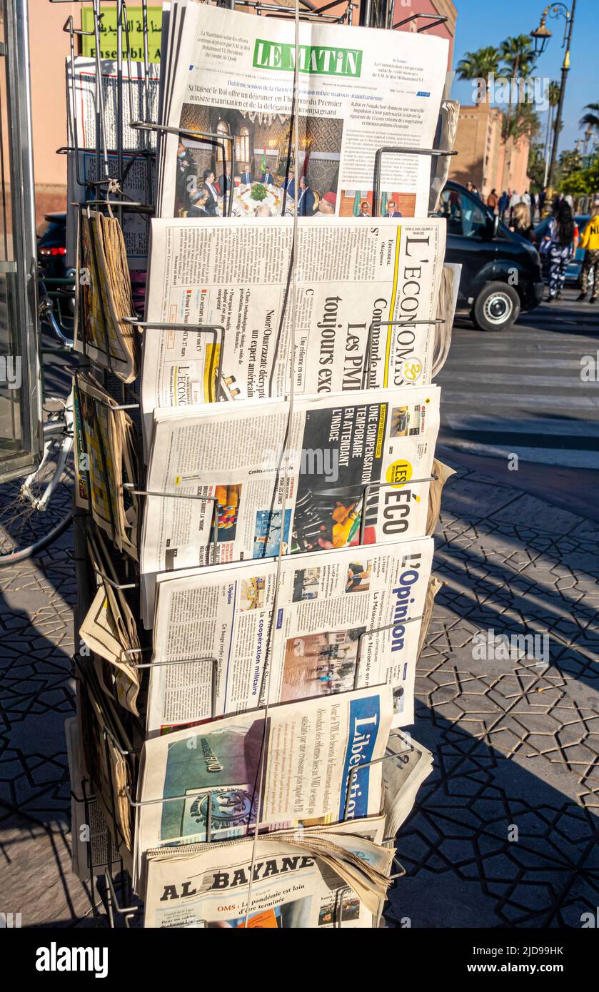 Moroccan press paper newspapers kiosk with French newspapers. Marrakech ...