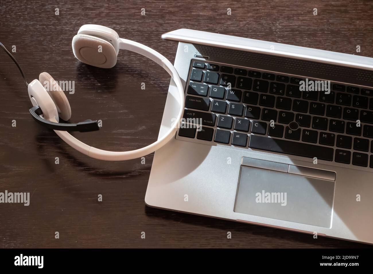 Call center, home office, customer support, help desk. Headset on a ...