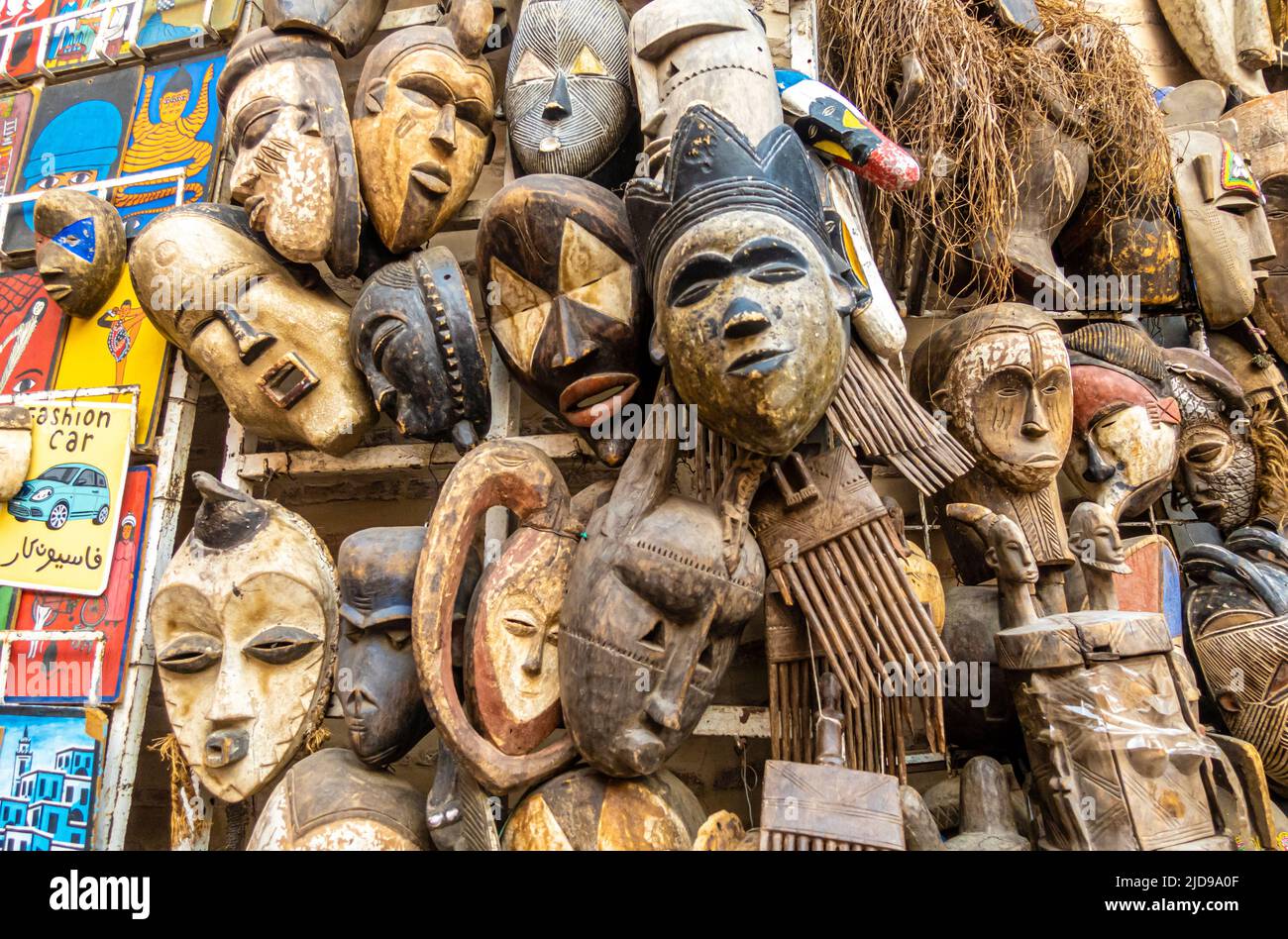 African masks sold on the market in Medina in Marrakech, Morocco Stock ...