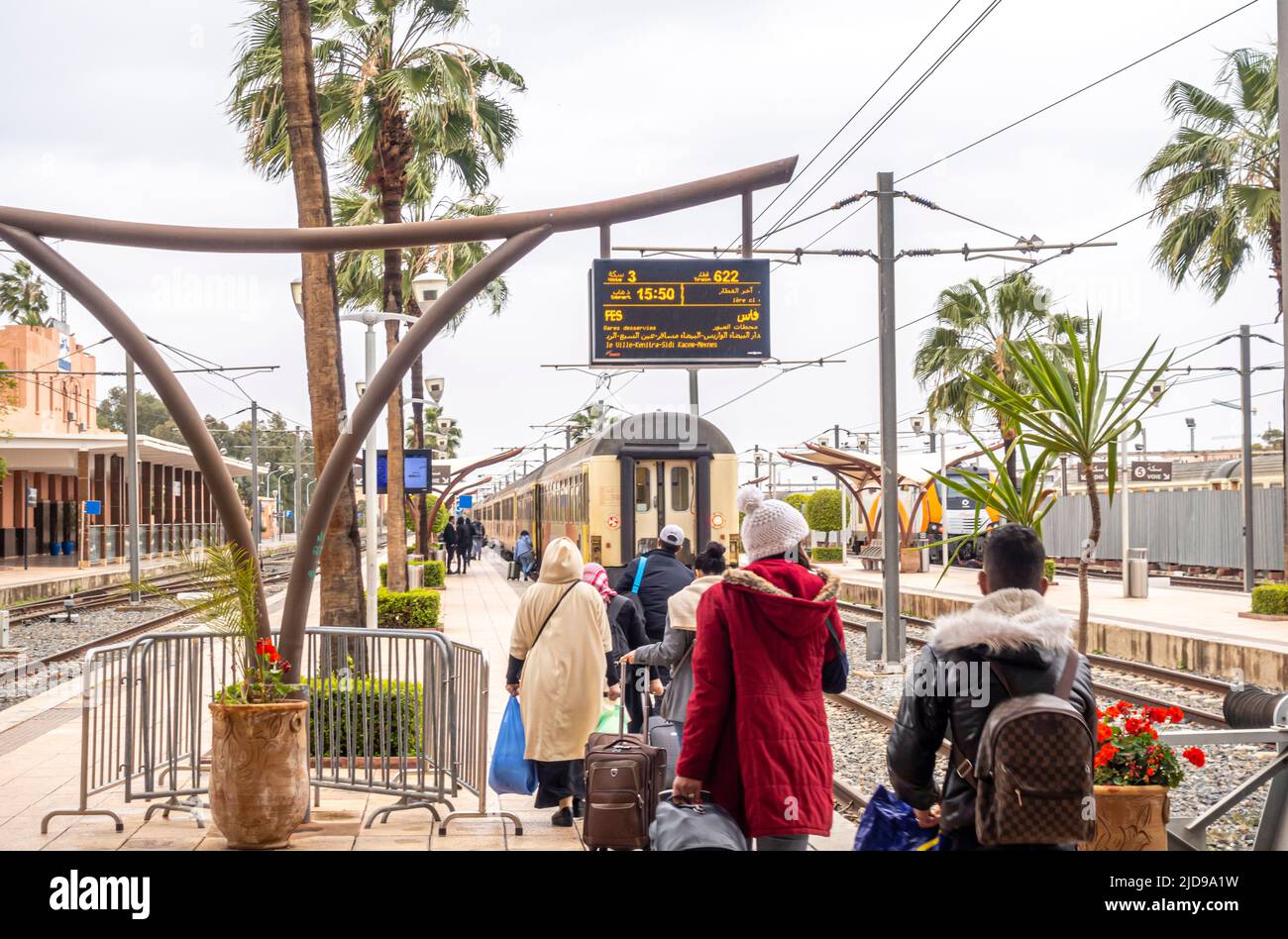 People walking to platform at Marrakech train station exterior, Morocco ...