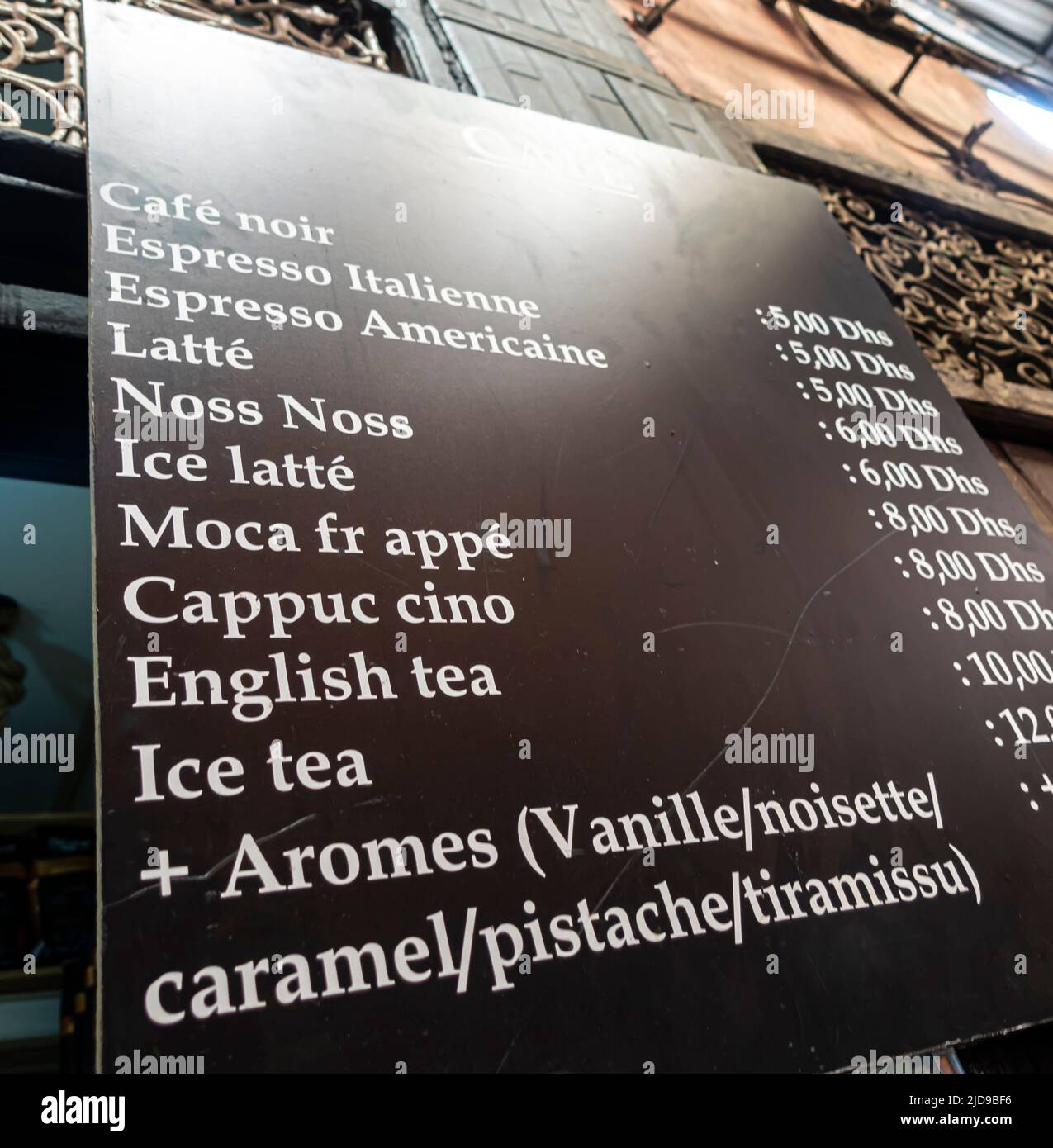 Menu on coffee and drinks with prices in Moroccan Dirham in coffee shop ...