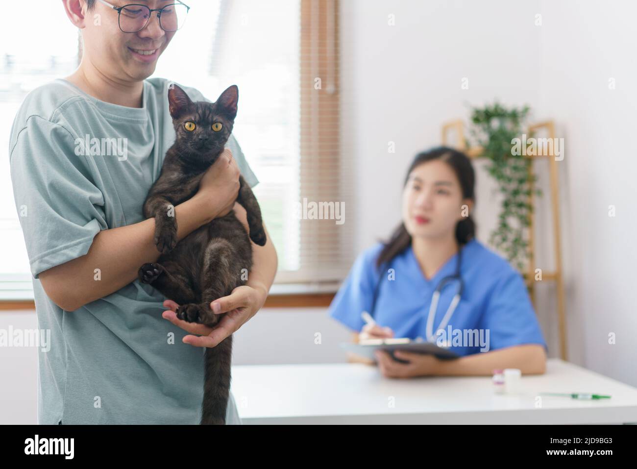 Pet care concept, Female veterinary is writing prescription on ...