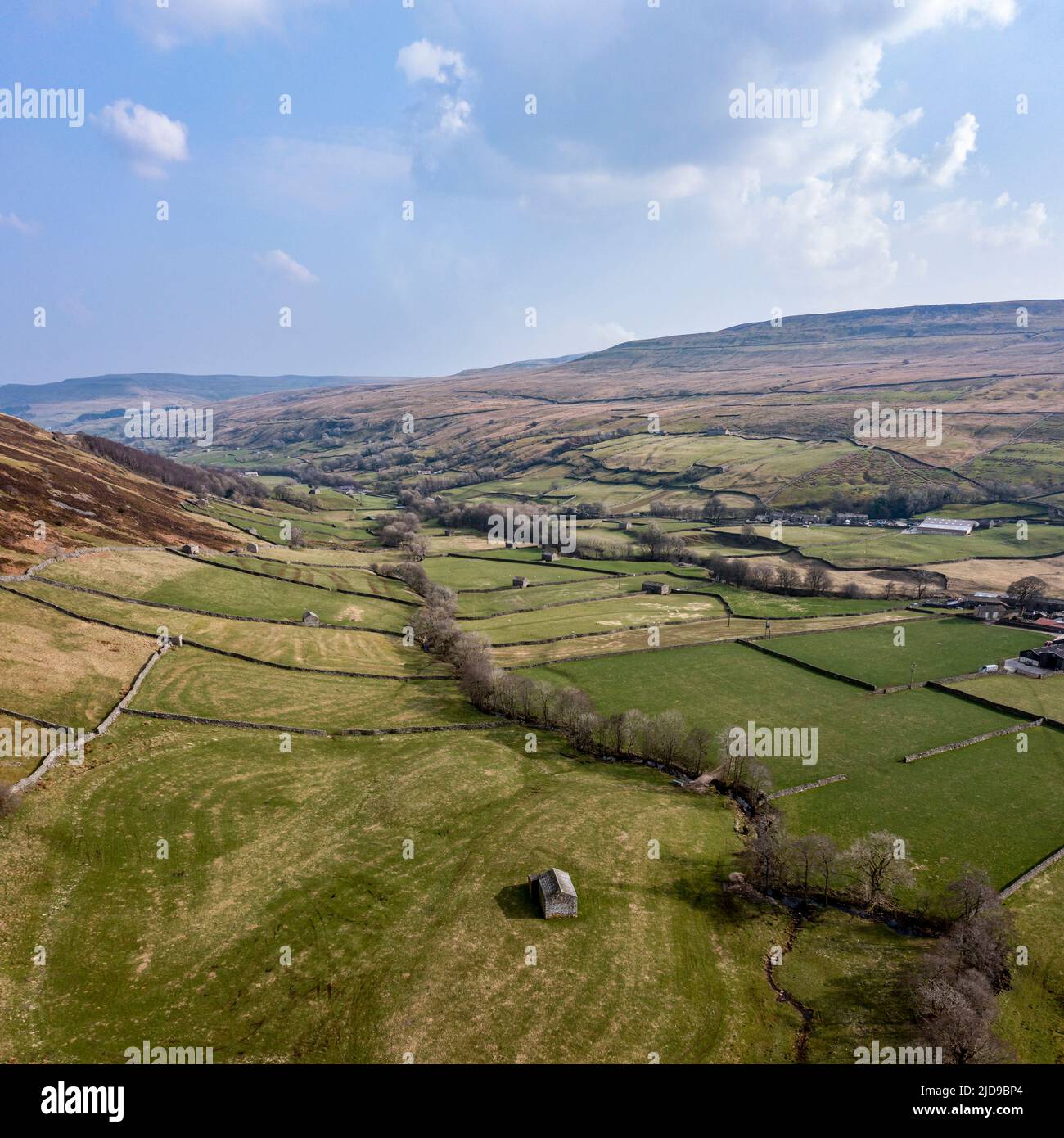 Stone barns in farmland between Angram and Thwaite in Swaledale North ...