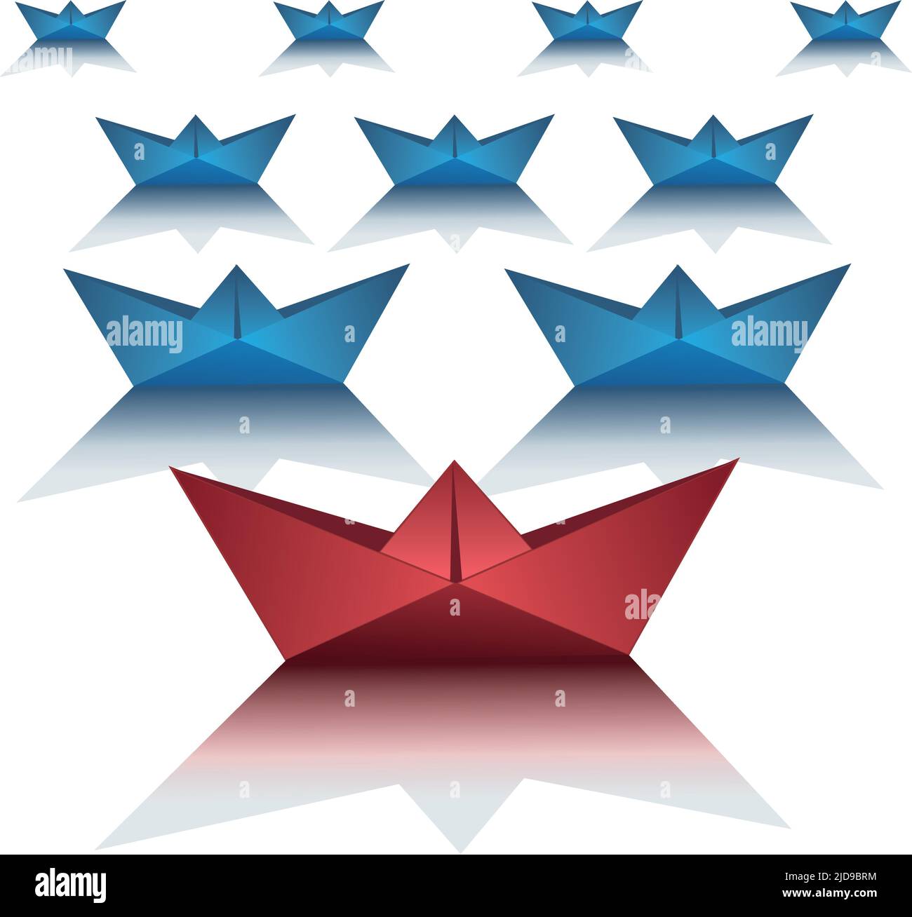 Origami red paper boat floating in front of blue paper boats on white ...