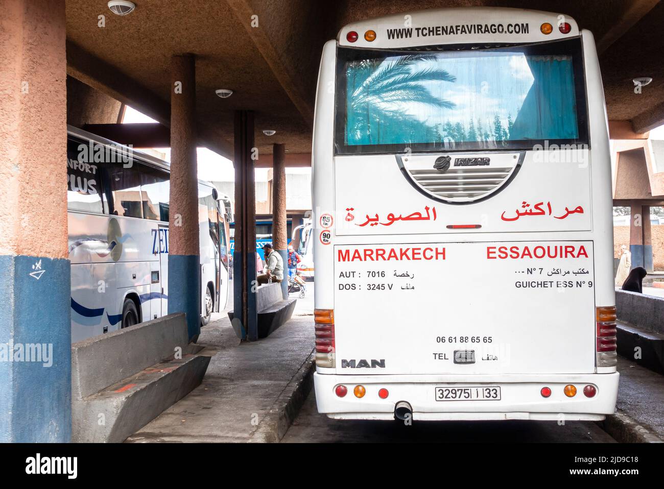 Bus with destination Marrakech - Essaouira at the station in Marrakech ...