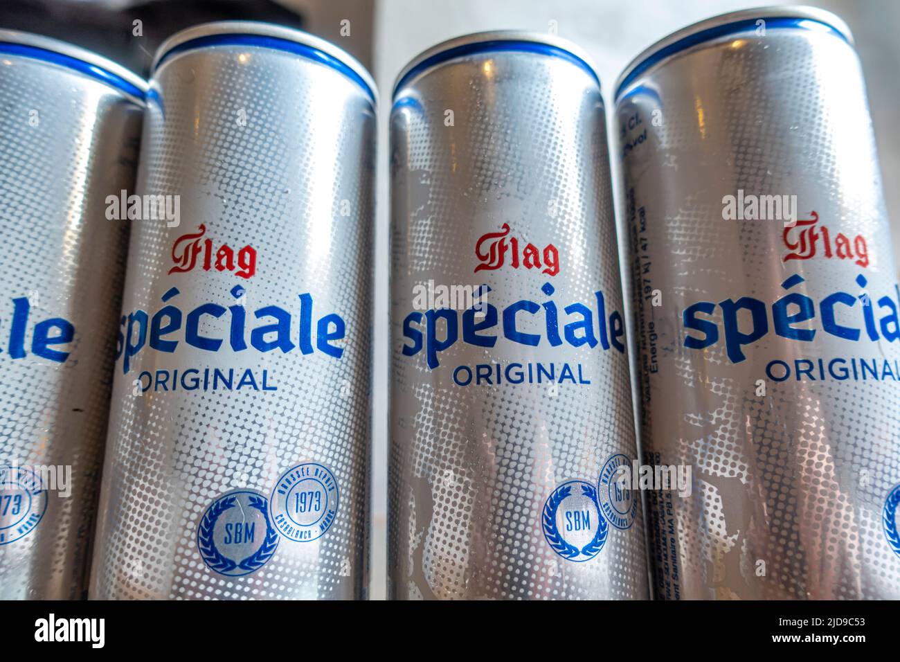 Cans of Flag Spéciale Original Beer from Morocco Stock Photo - Alamy