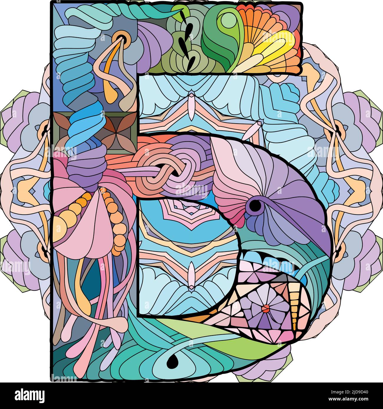 Hand-painted art design. Letter B cyrillic zentangle object on mandala ...