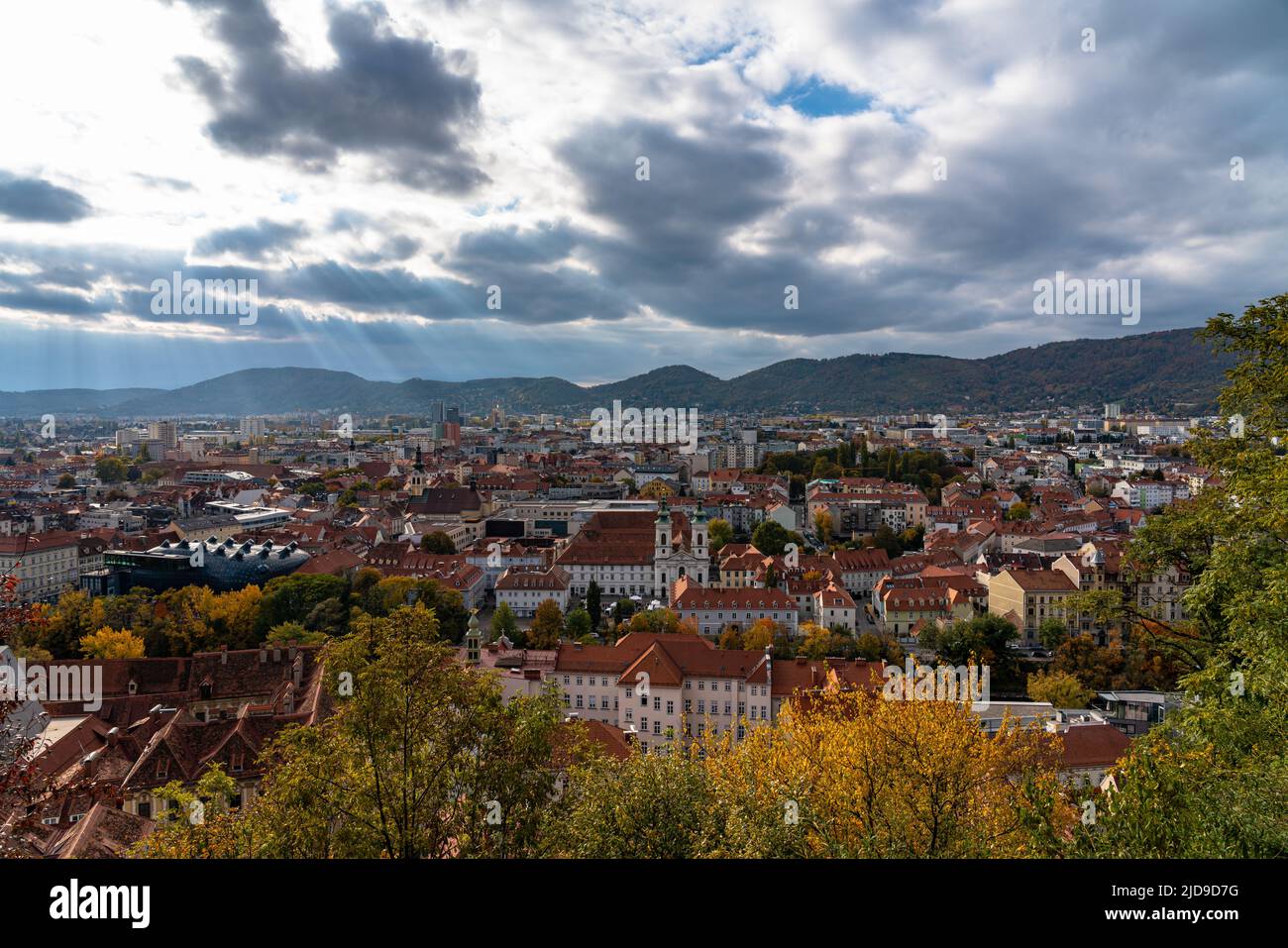 Aerial panorama view of Graz city old town Lend in west bank of Mur ...