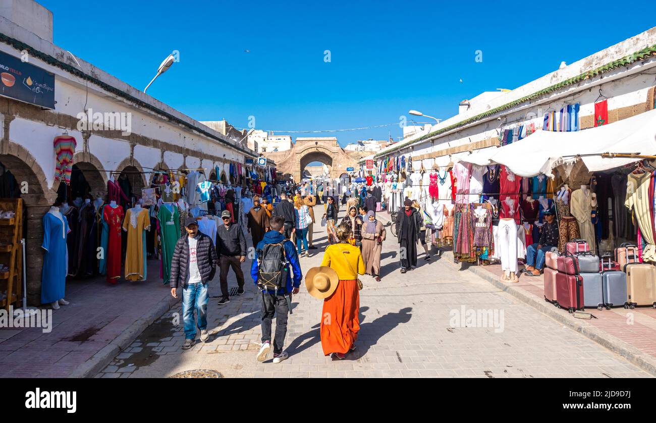 High Street popular with tourists and locals in Essaouira, Morocco ...