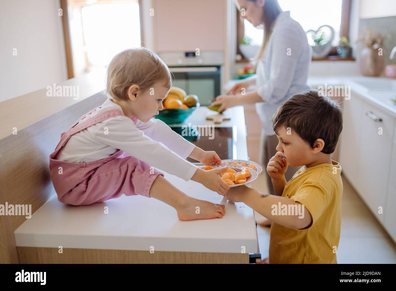 Mother of two little children preparing fruit snack in kitchen at home ...