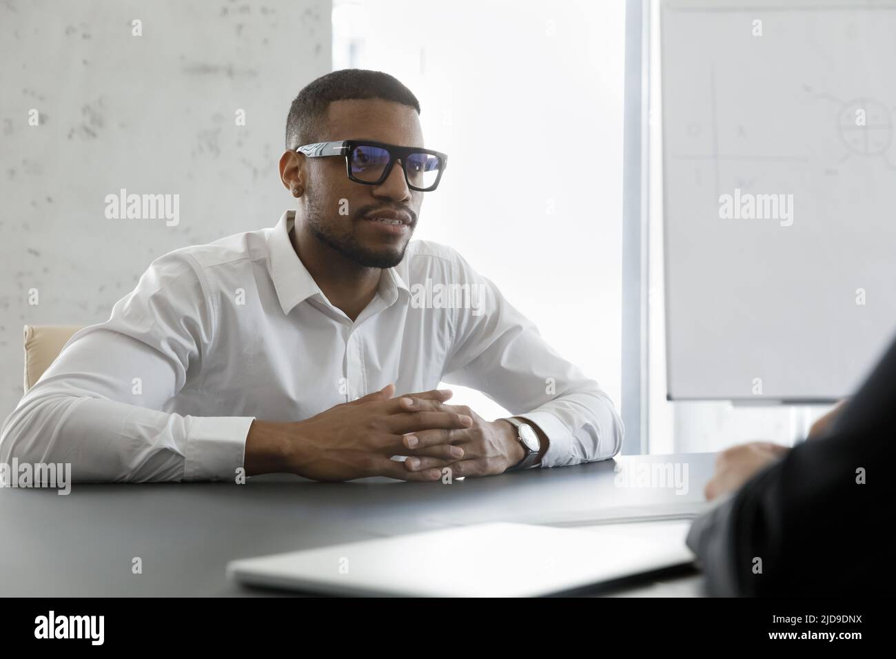 African applicant take part in job interview in company office Stock ...