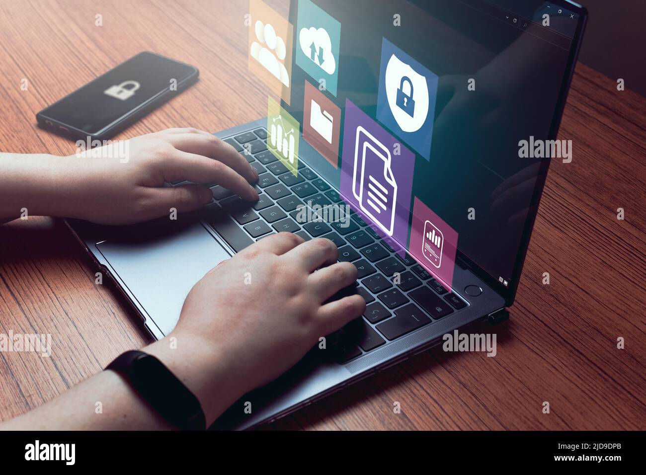 Businesswoman using a computer to document management System concept. Digital administration ...