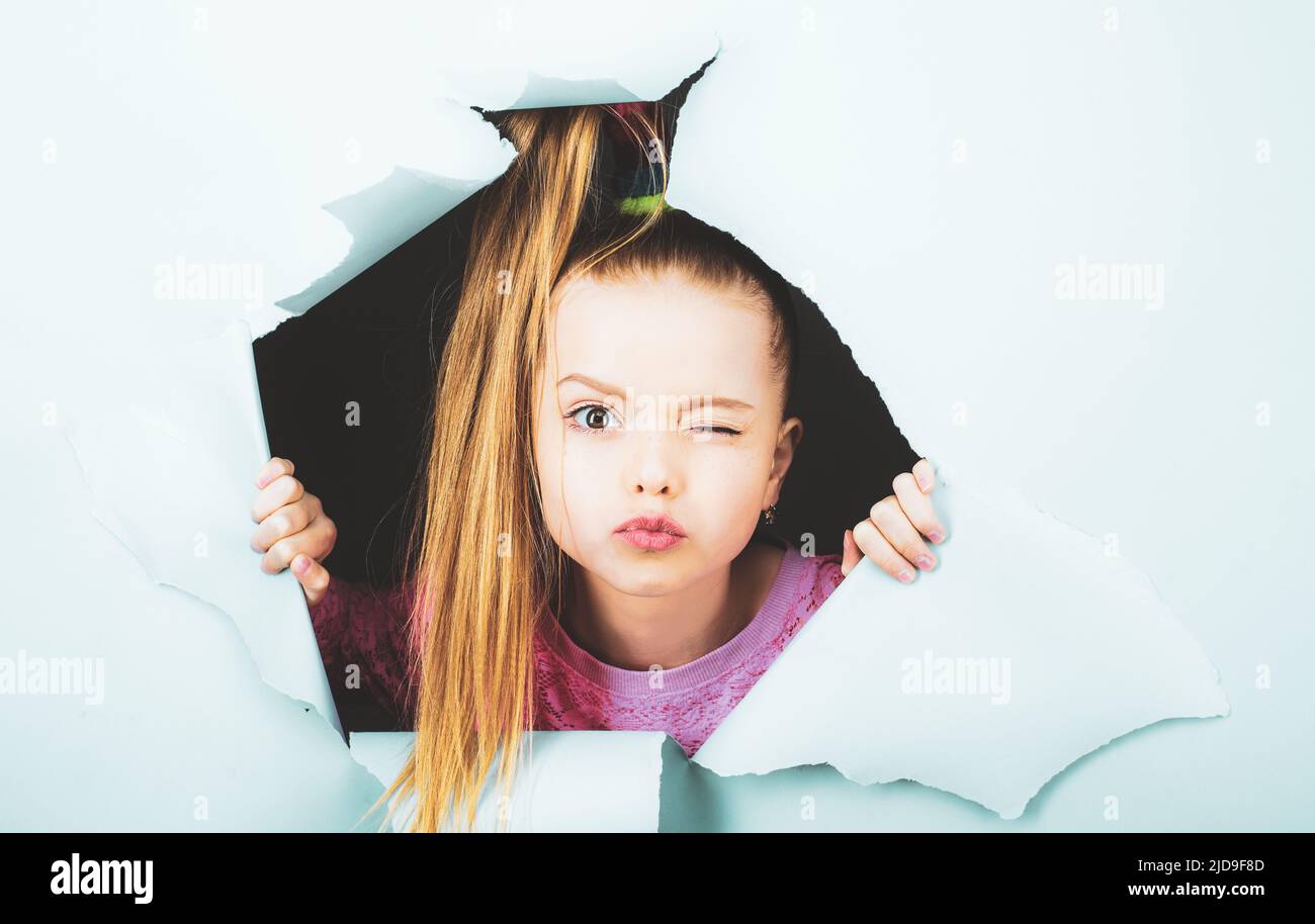 Funny child little girl wink, isolated. Happy kids winking face. Paper ...