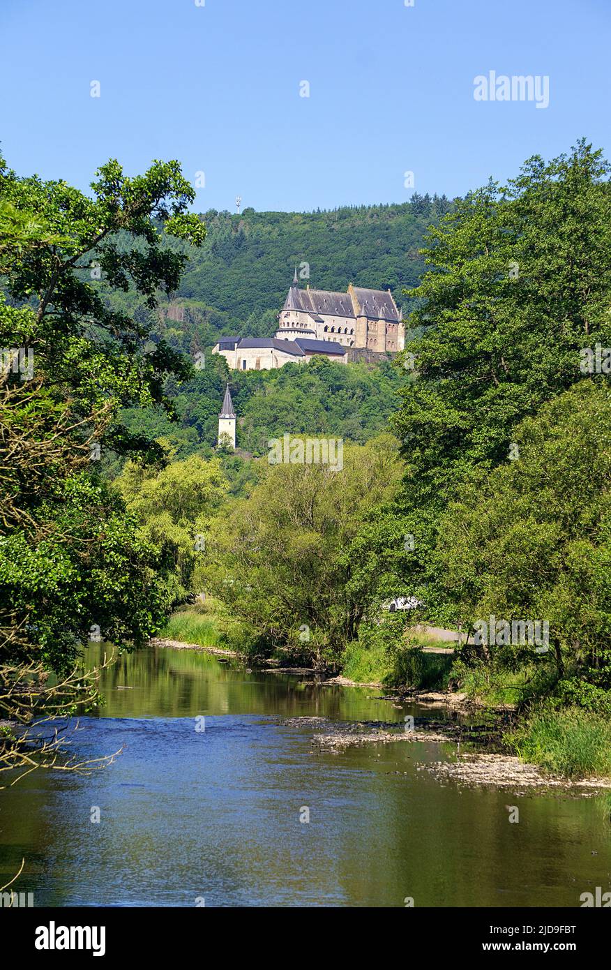 Vianden castle at river Our, canton of Vianden, Grand Duchy of ...