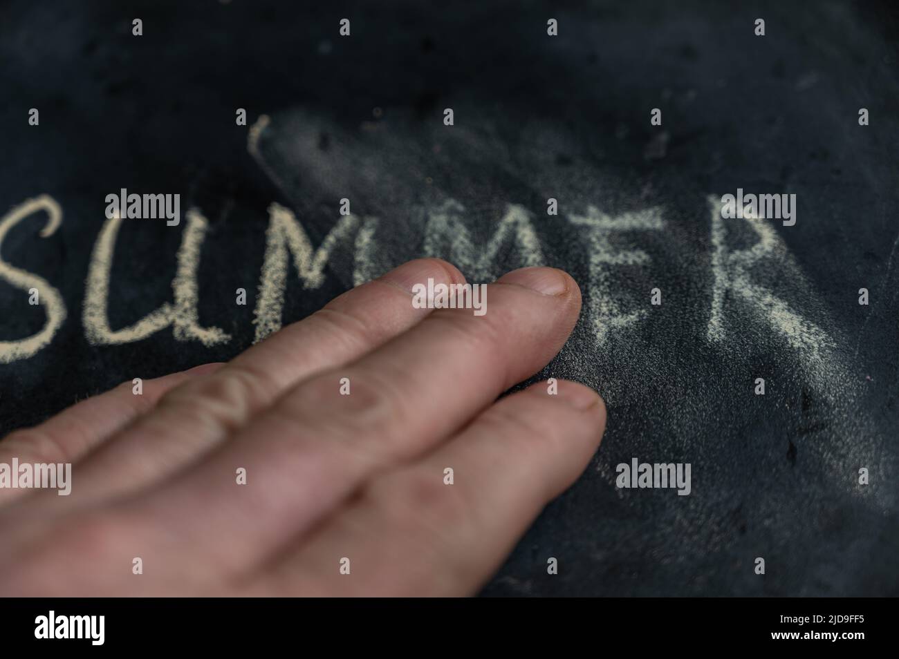 The semi-erased word SUMMER on the black chalkboard. An adult man's ...