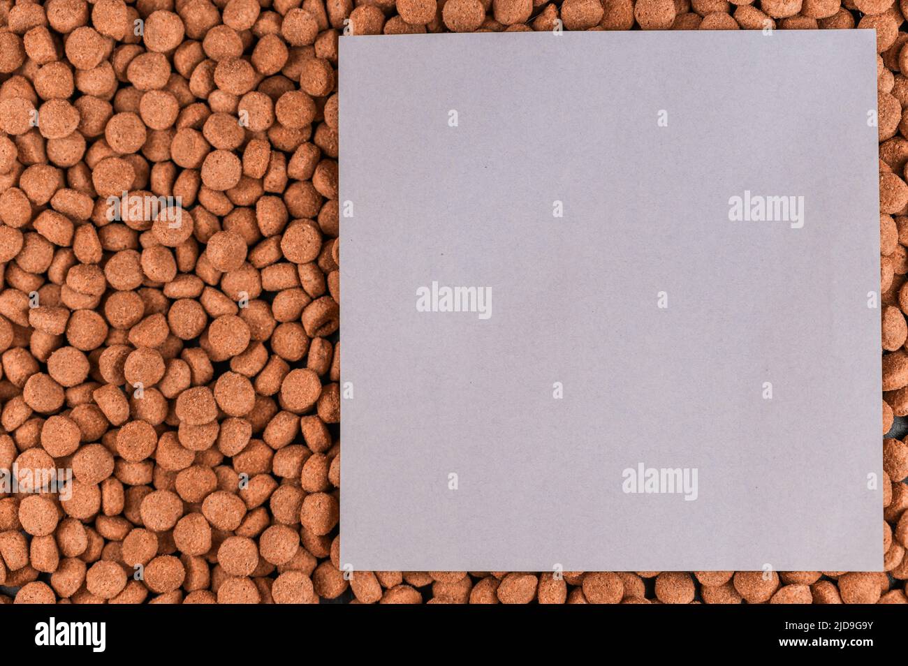 A gray and lilac piece of paper lies on top of the dog food. Brown ...