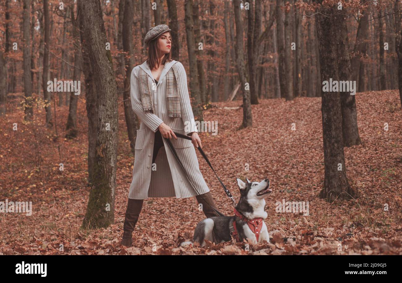 Unconditional love. Siberian husky favorite pet. Animal husbandry. Girl ...