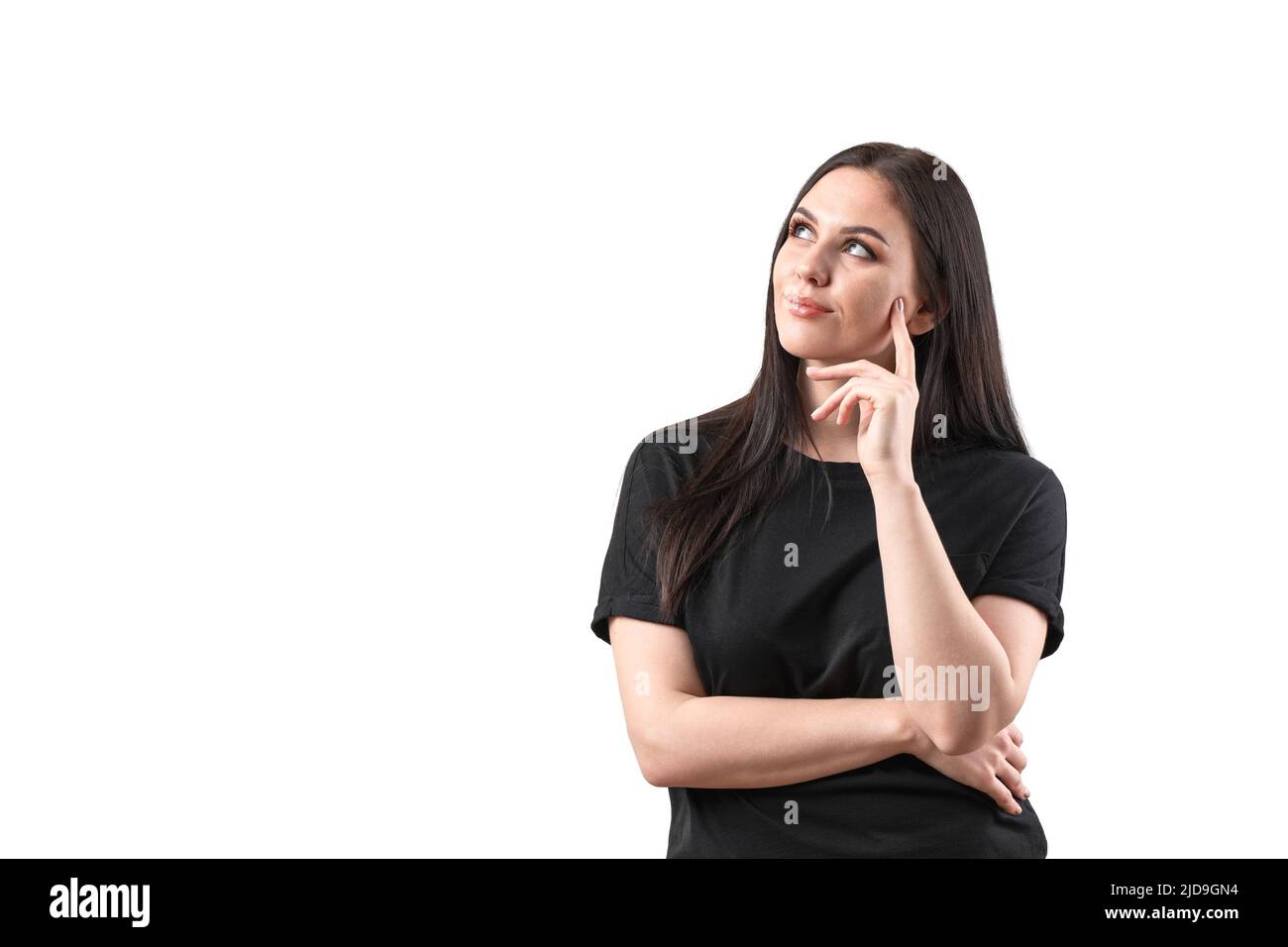 Curious thinking girl with expression face looks up. Cute puzzled woman ...