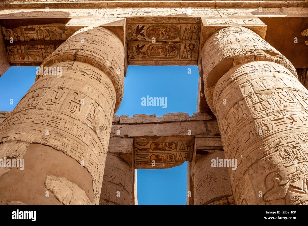 Different hieroglyphs on the walls and columns in the Karnak temple ...