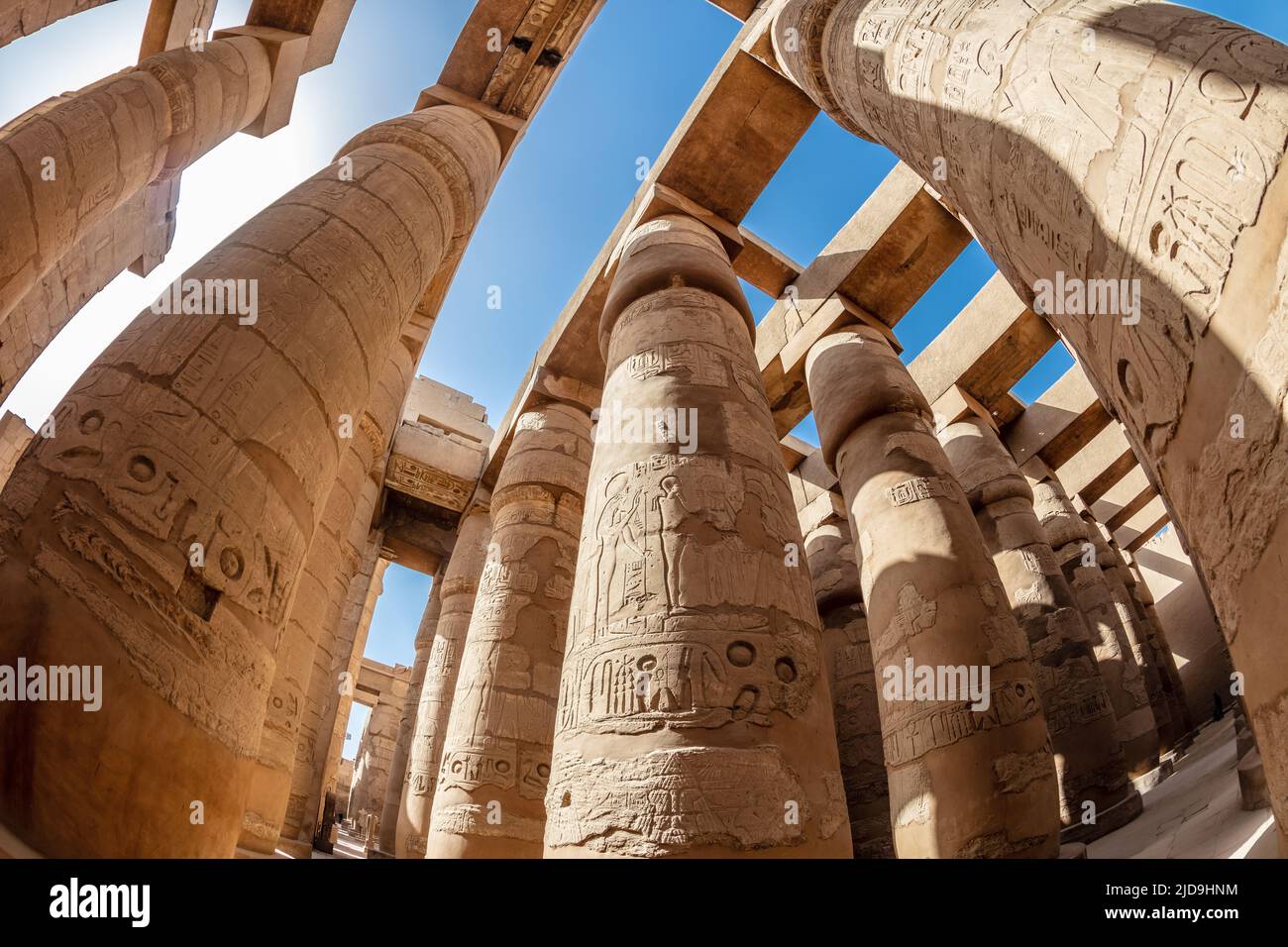Different hieroglyphs on the walls and columns in the Karnak temple. Karnak temple is the ...
