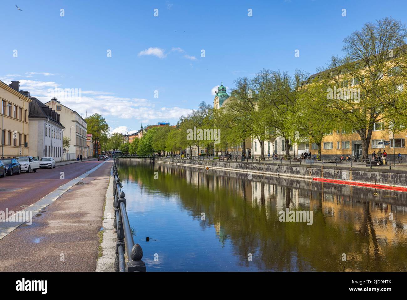 Beautiful view of downtown city from side of river with reflection of ...