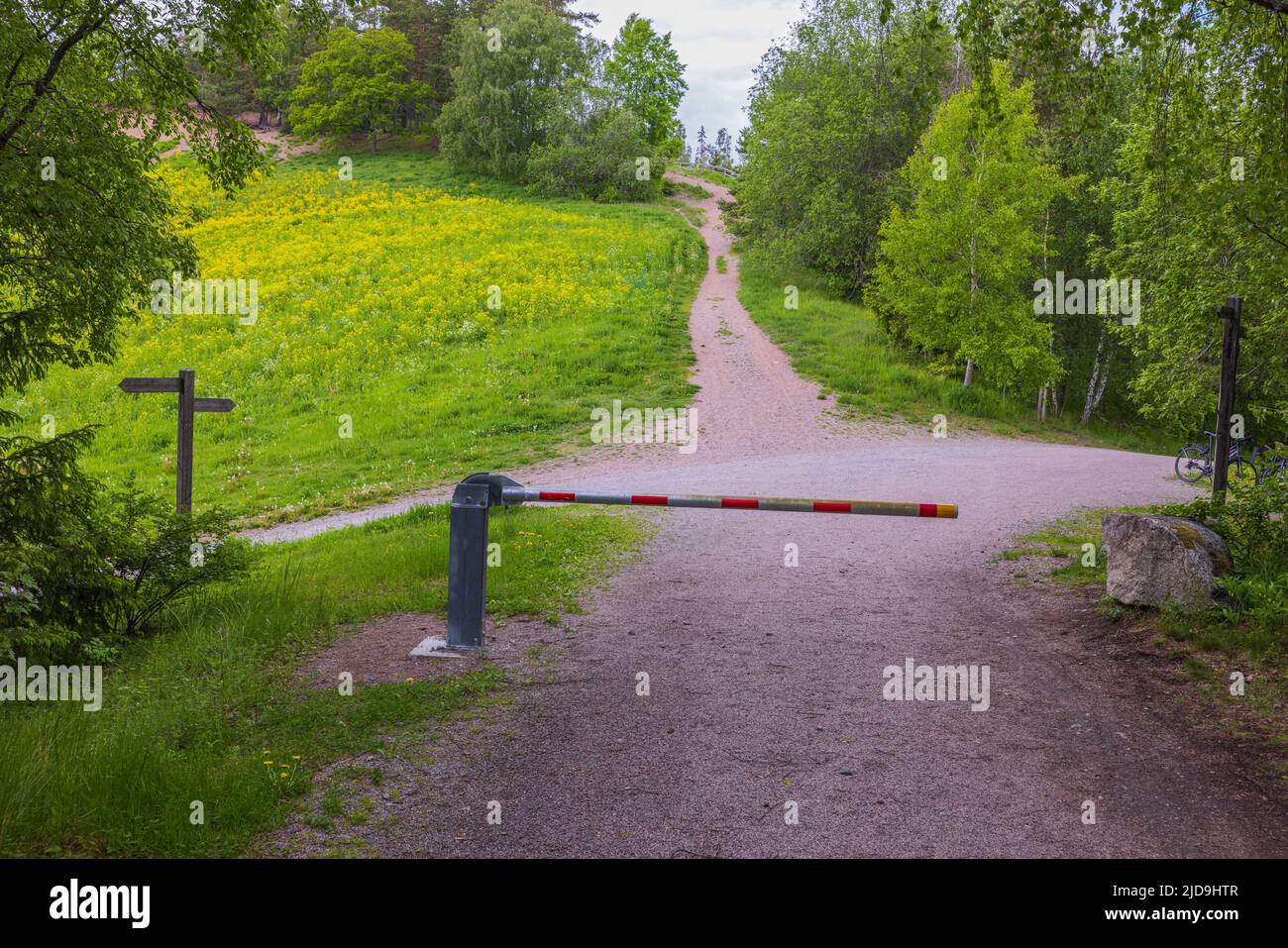 Close up view of barrier to walking path. Green nature backgrounds ...