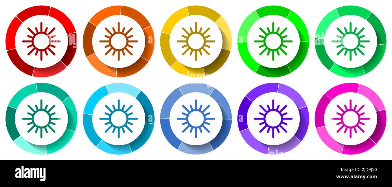 Sun icon set, summer flat design vector illustration in 10 colors ...