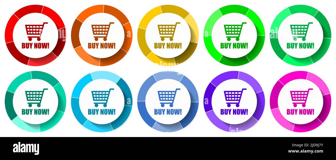 Buy now icon set, shop flat design vector illustration in 10 colors ...