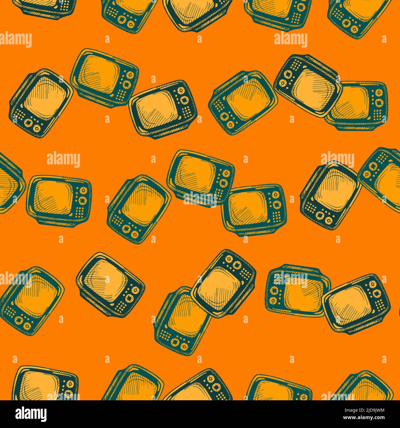 Retro TV engraved seamless pattern. Vintage television background in ...