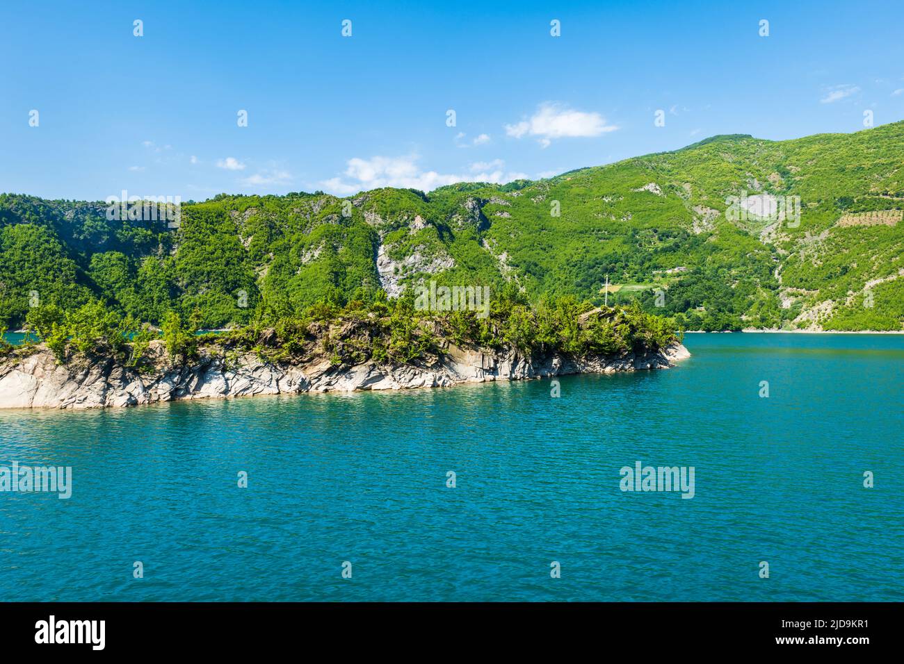 Komani Lake ferry cruise boat view near the town of Fierzë, Albania ...