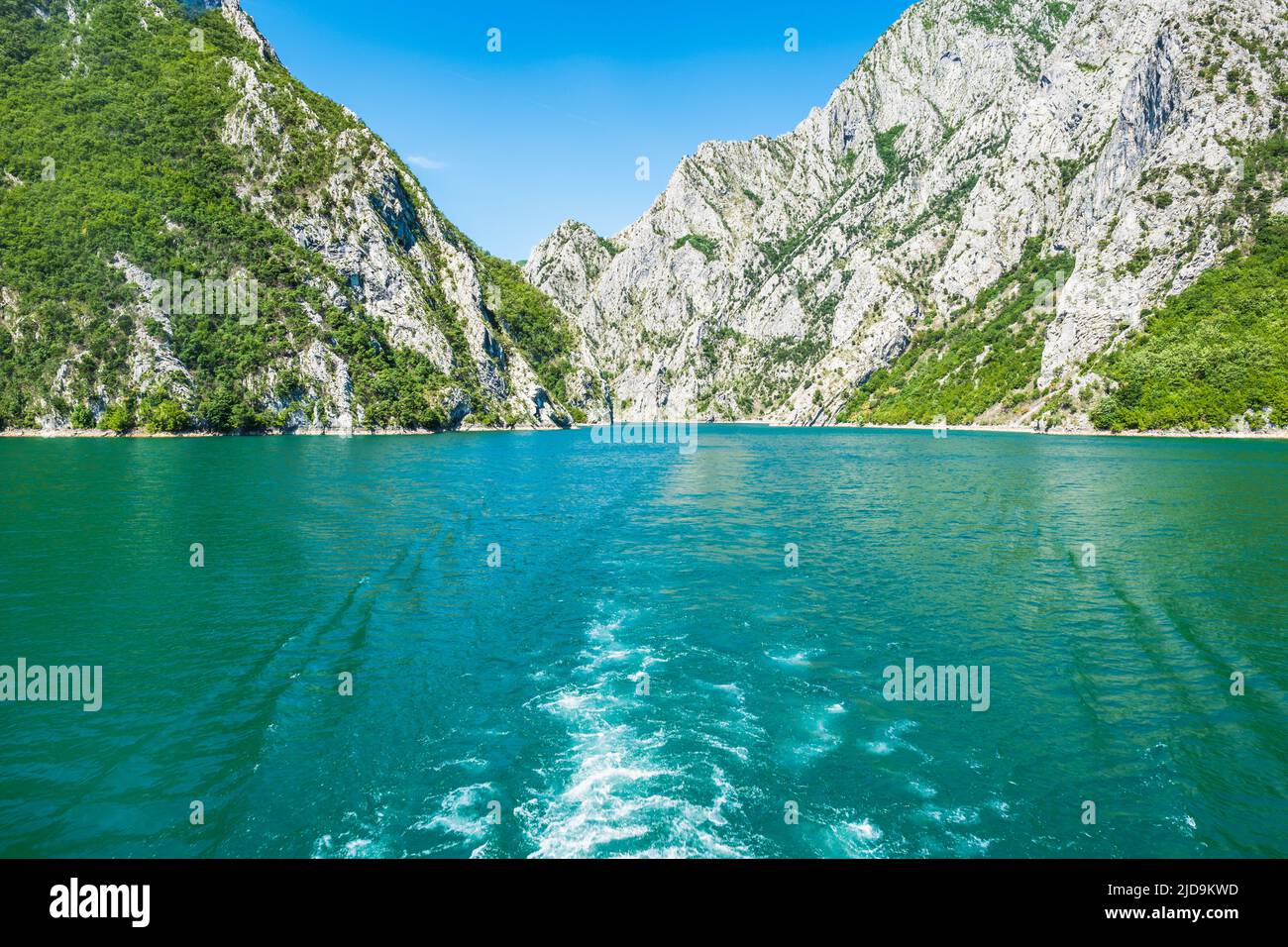 Komani Lake ferry cruise boat view near the town of Fierzë, Albania ...